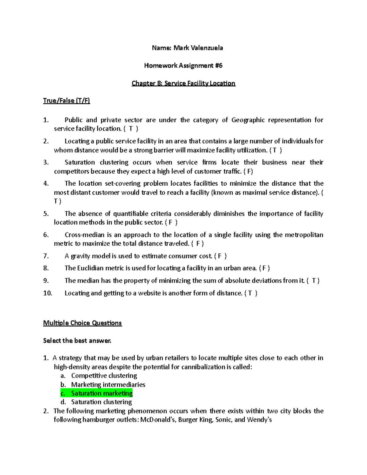 QSO 310 Module 6 Service Facility Location Assignment & Answers - Studocu