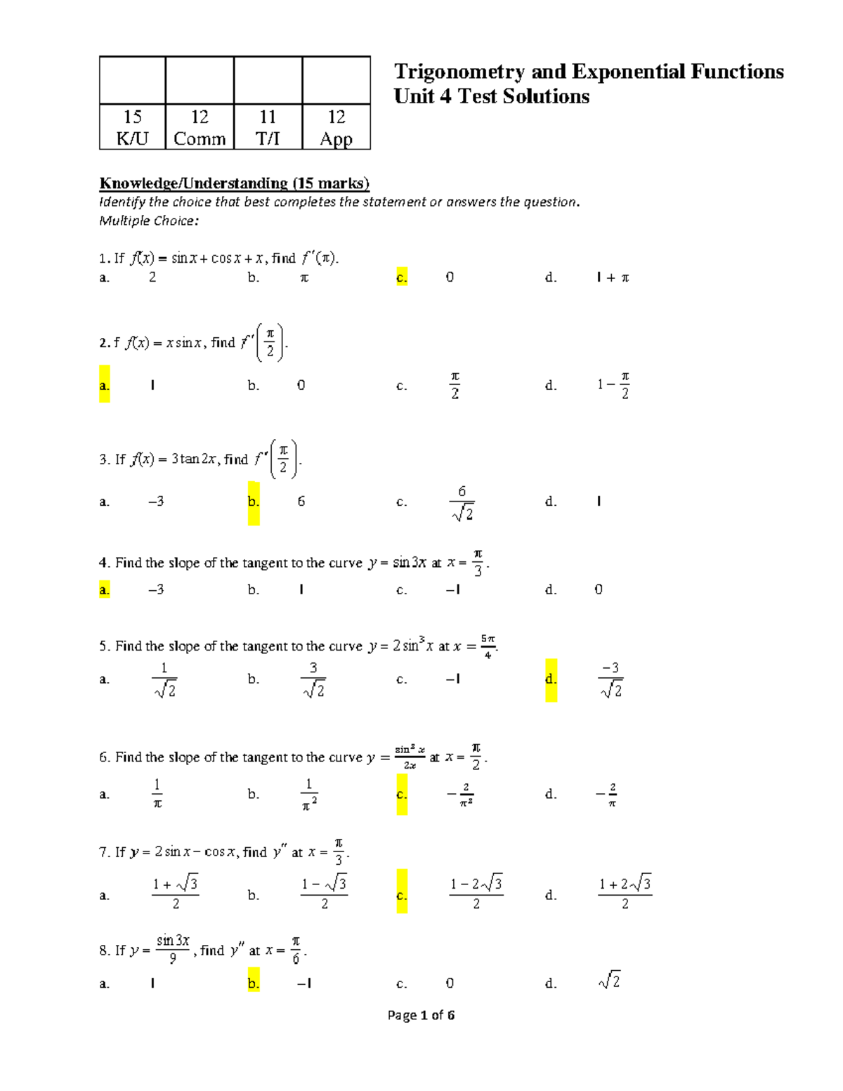 Unit test 4 - Solutions - practice - Knowledge/Understanding (15 marks ...