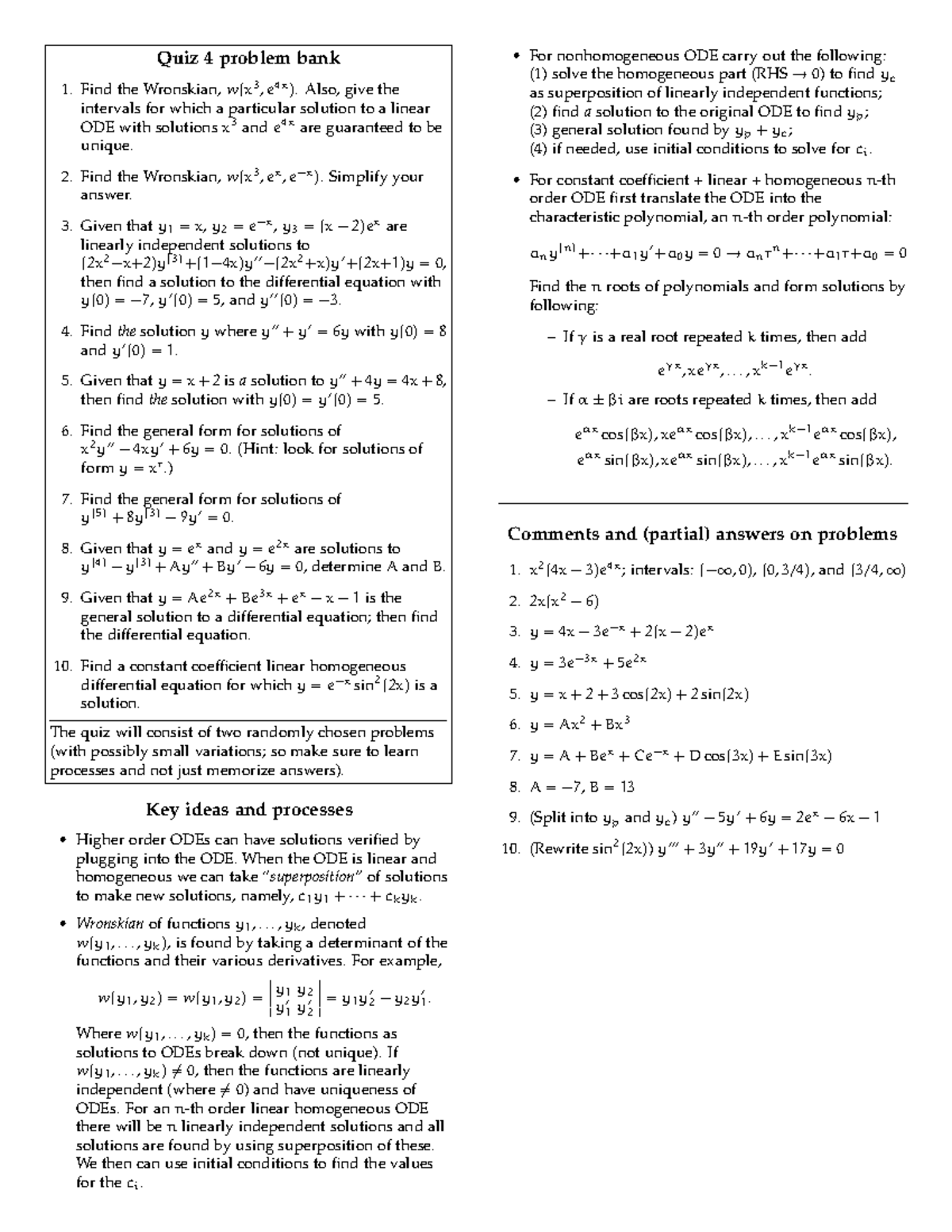 Quiz 4 Problem Bank 1: Wronskian and ODE Solutions Practice - Studocu