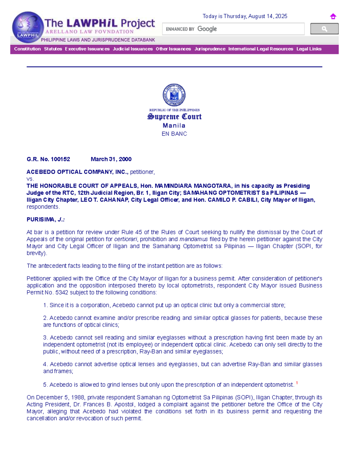 G.R. No. 100152: Acebedo Optical Co. vs. City of Iligan - Legal ...