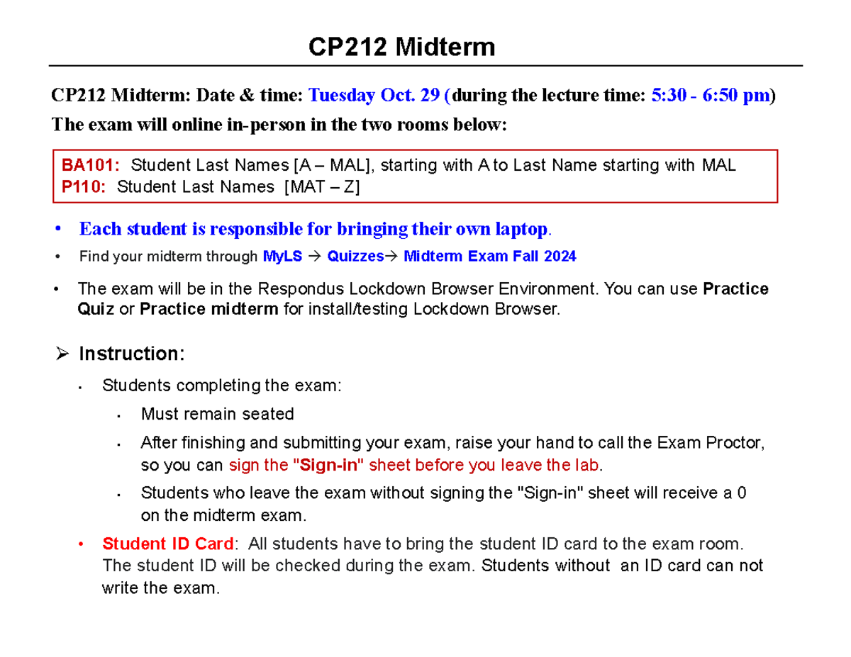 Midterm Review - practice material - CP212 Midterm: Date & time: Tuesday Oct. 29 (during the ...