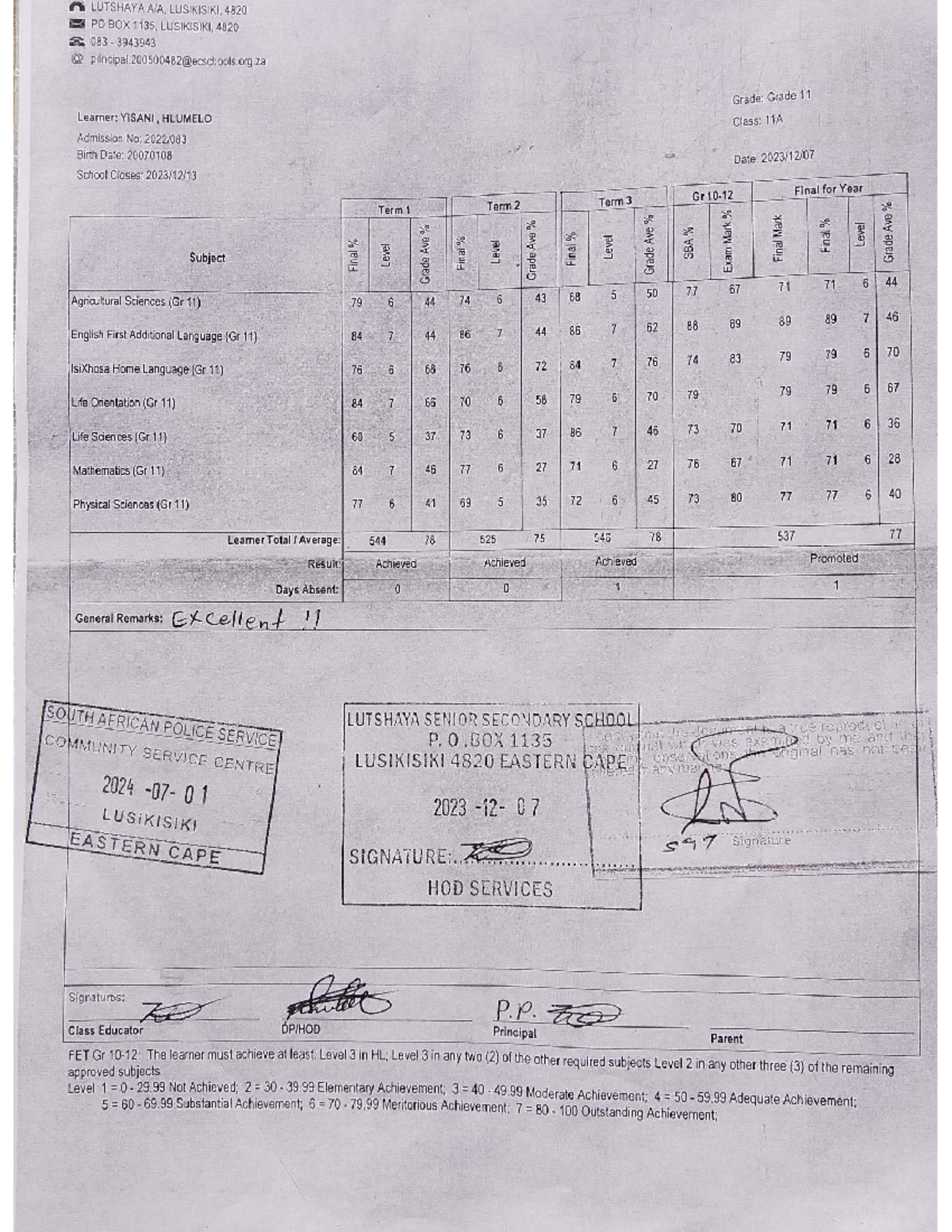 Grade 11 Report Card: Yisani Hlumelo - Term 1 to 3 Results - Studocu