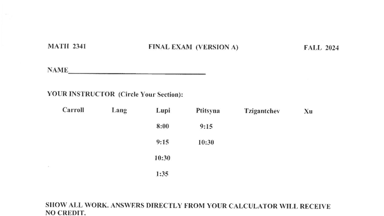 MATH 2341 FINAL EXAM SOLUTIONS (VERSION A) FALL 2024 - Studocu