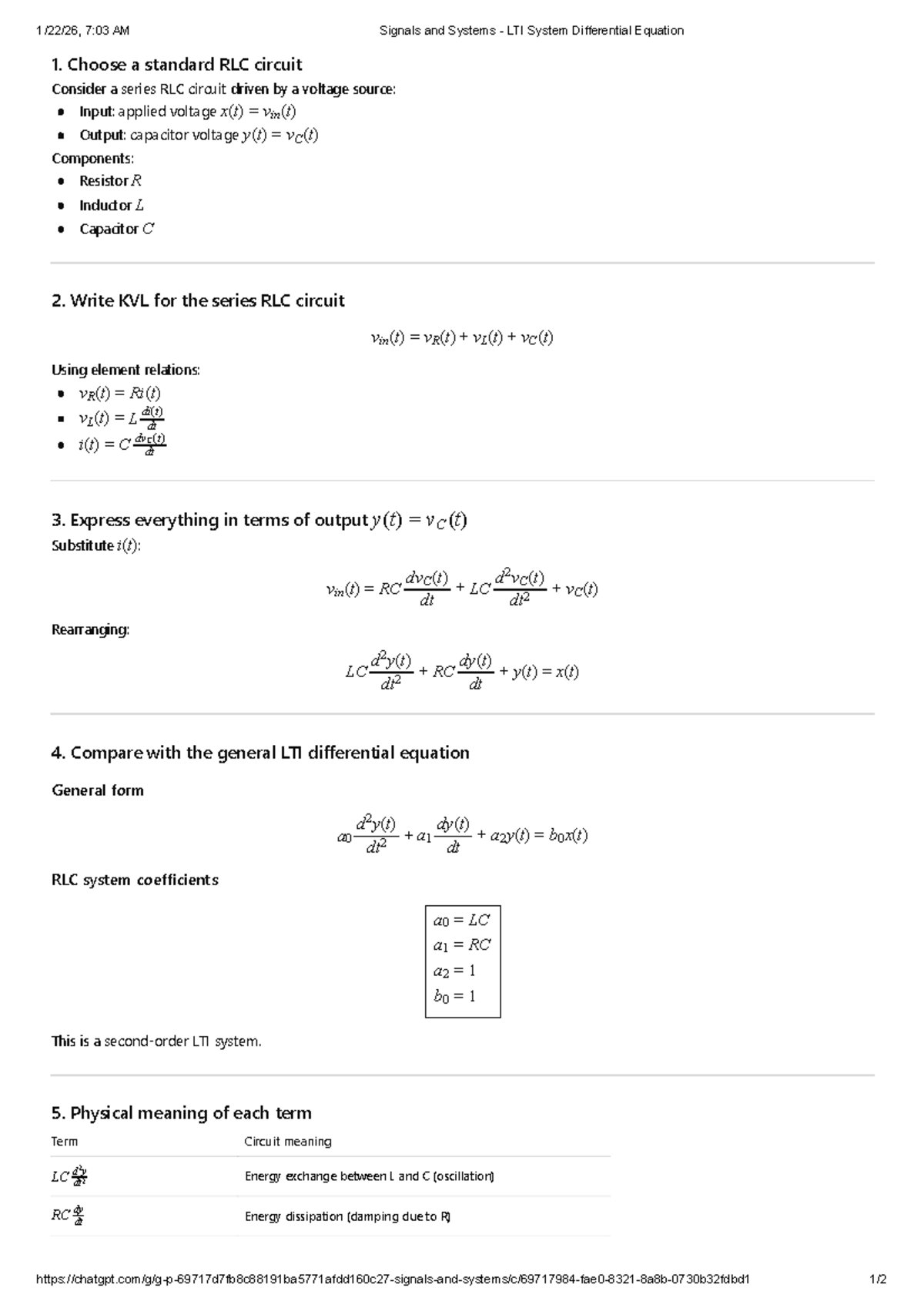 RLC Circuit Analysis: LTI System Differential Equation Notes - Studocu