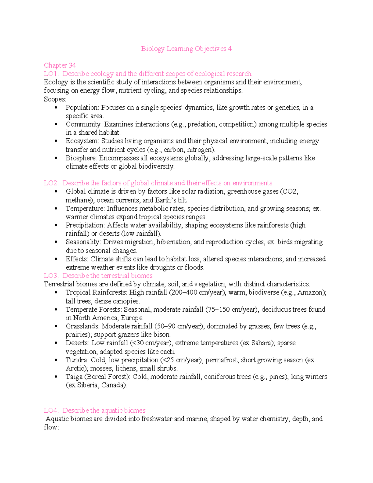 Biology Learning Objectives 4: Ecology, Biodiversity, and Conservation ...