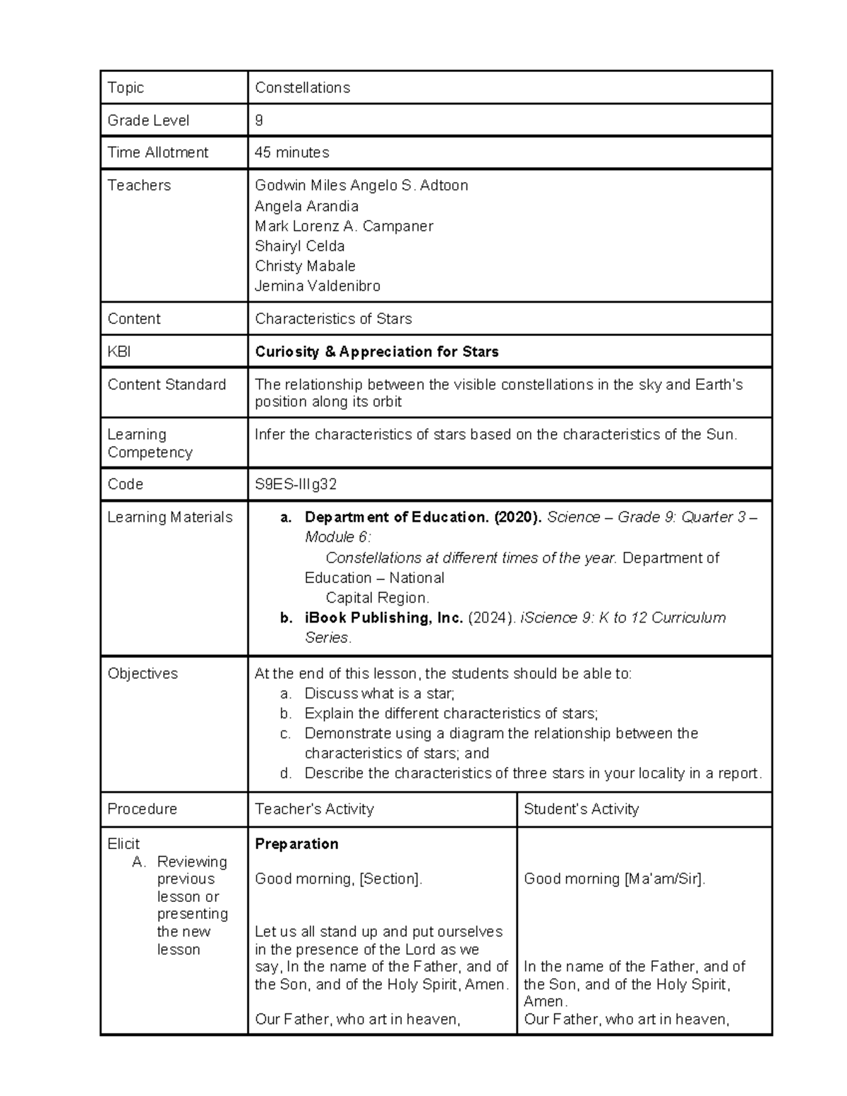 Updated 7e's Lesson Plan on Constellations & Stellar Characteristics ...