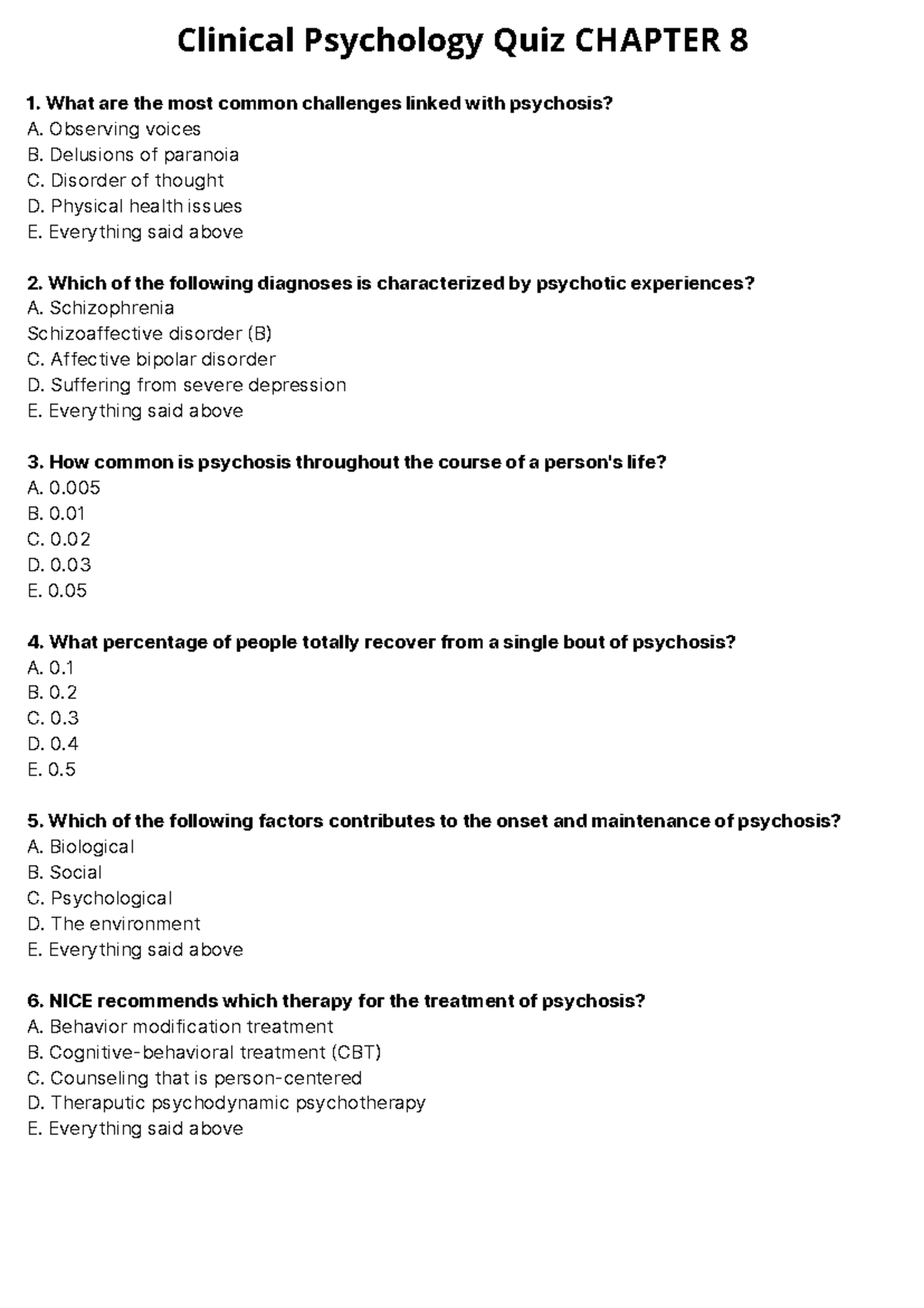 Clinical Psychology Quiz Chapter 8 - Clinical Psychology Quiz CHAPTER 8 ...