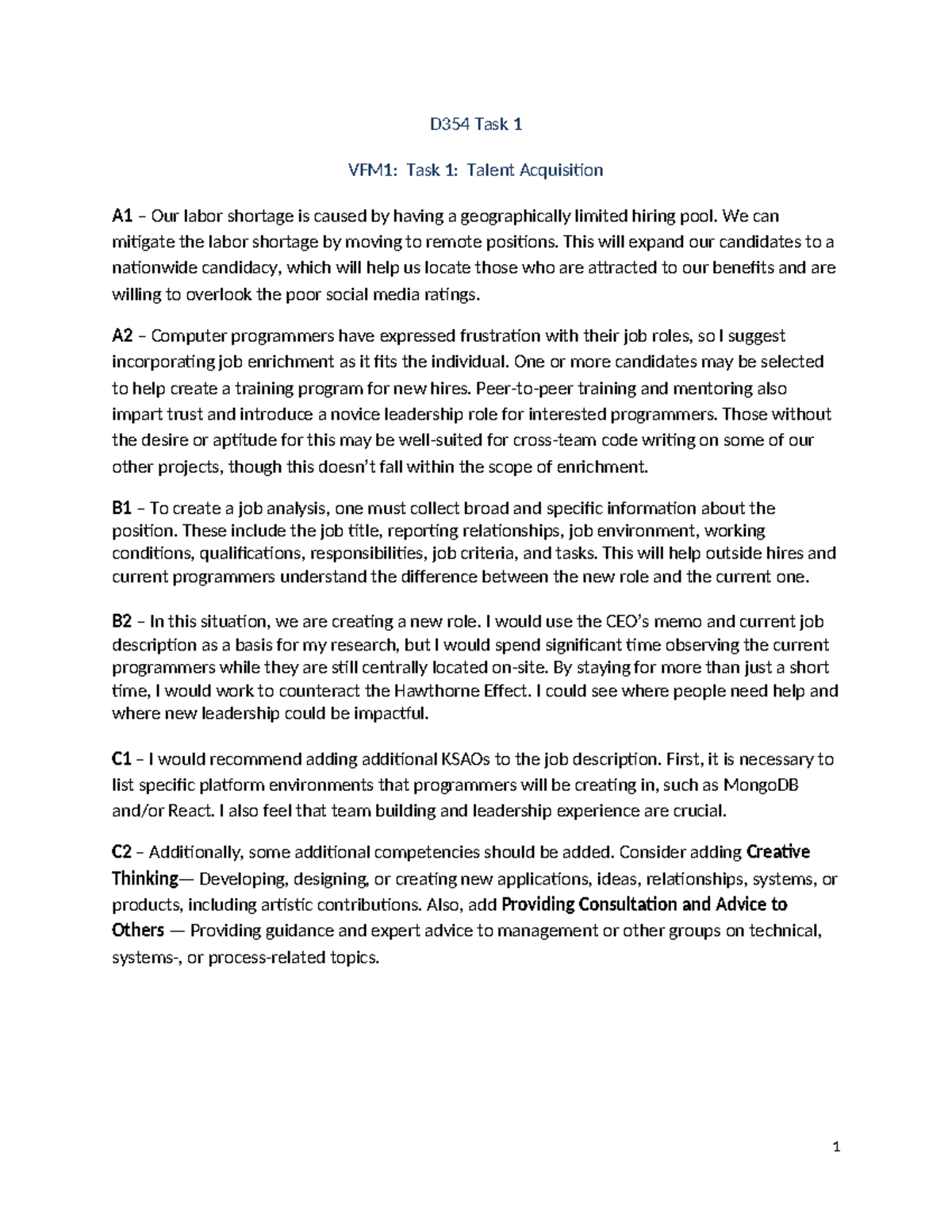 D354 Task 1 Guide: Talent Acquisition Strategies and Job Analysis - Studocu