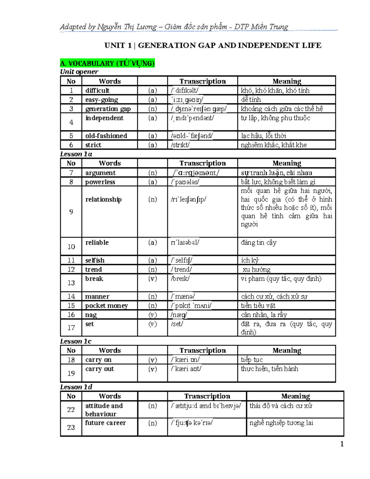 Bright 11 - Unit 1: Generation Gap & Independent Life Exercises - Studocu