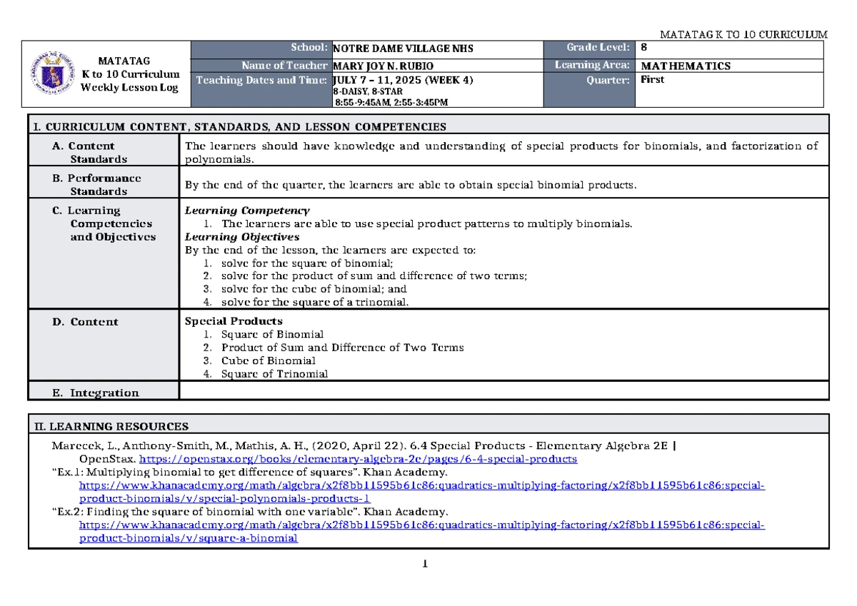 DLL Matatag English 7 Q1 Week 3 Lesson Log on Poetry and Context Clues - Studocu