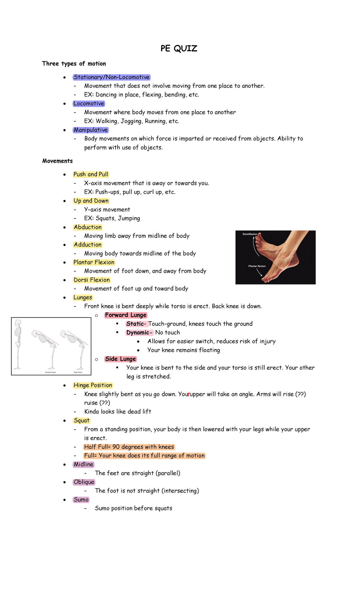 PE QUIZ - Types of Motion and Body Movements Explained - Studocu