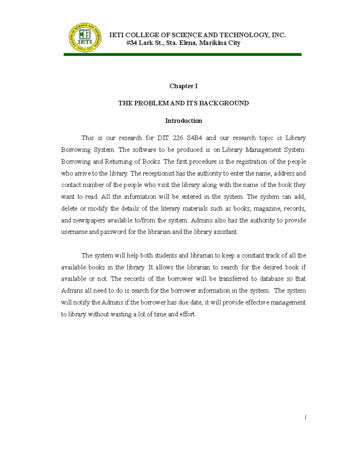 Thesis - sdsada - #34 Lark St., Sta. Elena, Marikina City Chapter I THE ...