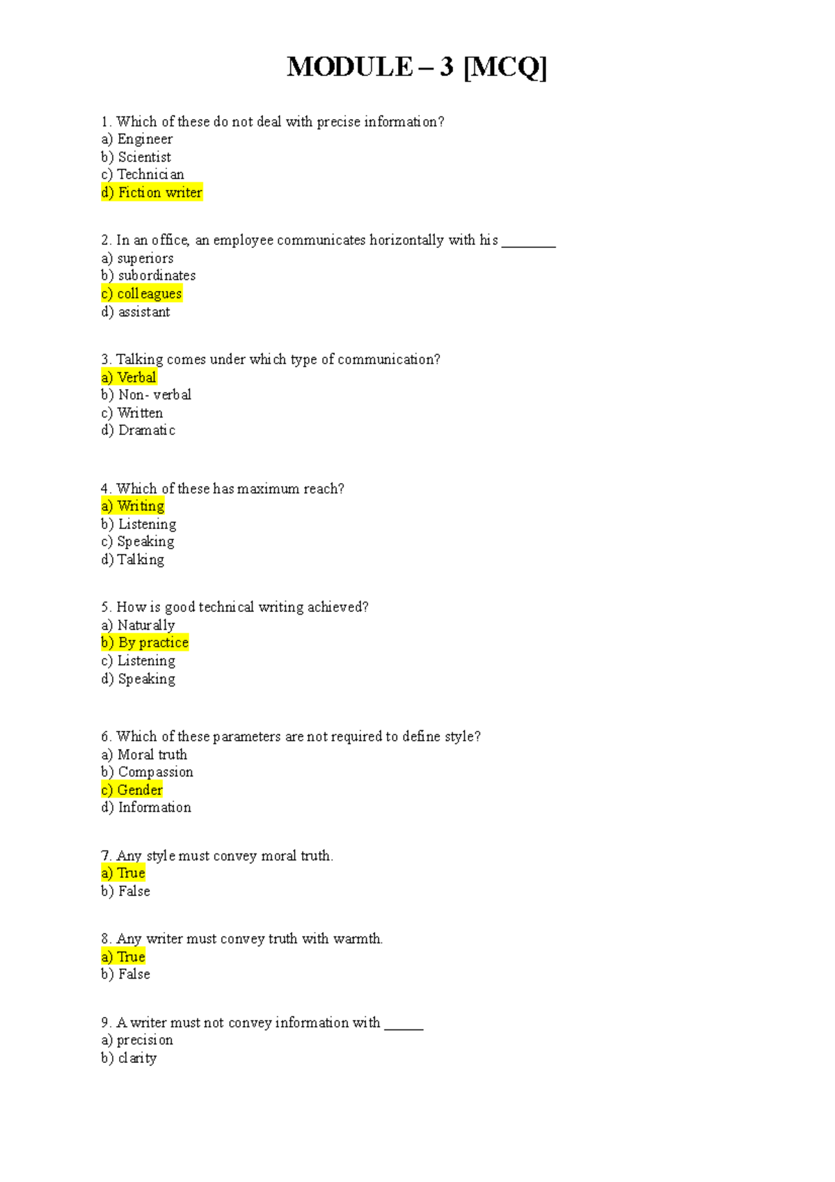 Module 3 - MCQs on Technical Writing and Communication Techniques - Studocu