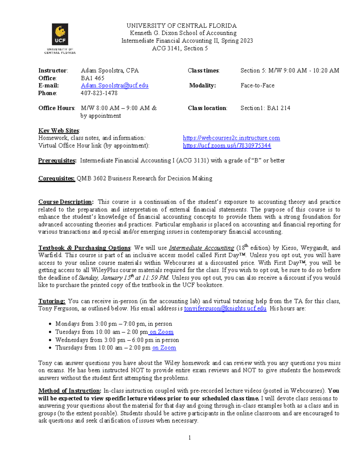 ACG 3141 - Intermediate Financial Accounting II Syllabus, Spring 2023 ...