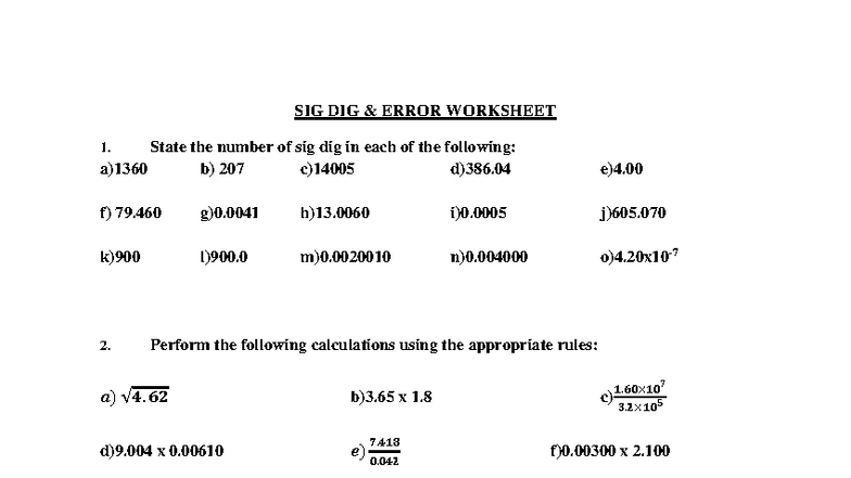 SIG DIG & Error Worksheet Extra: Calculations & Notation - Studocu