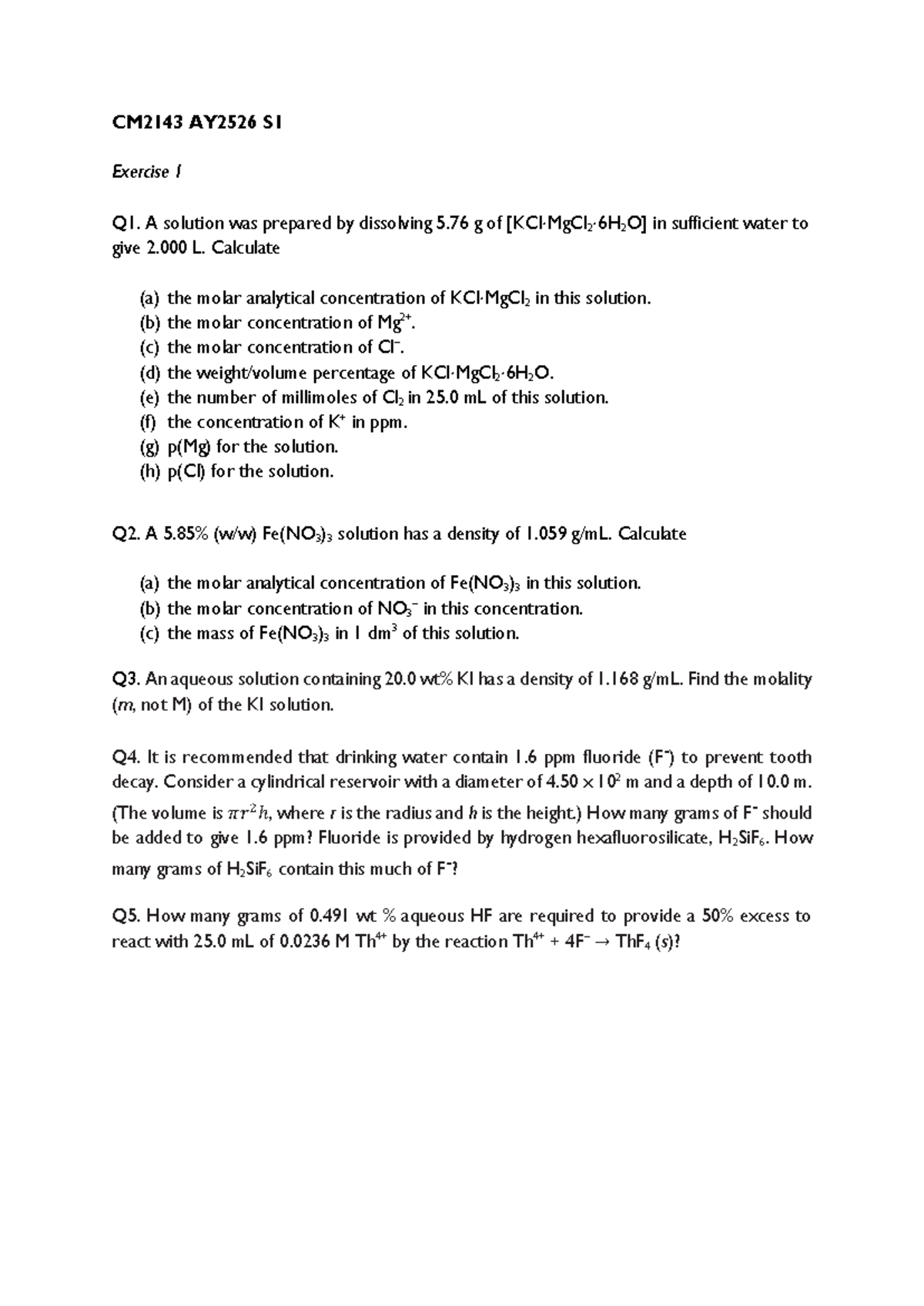 CM2143 AY2526 S1 Exercise 1 - Analytical Concentration Calculations - Studocu
