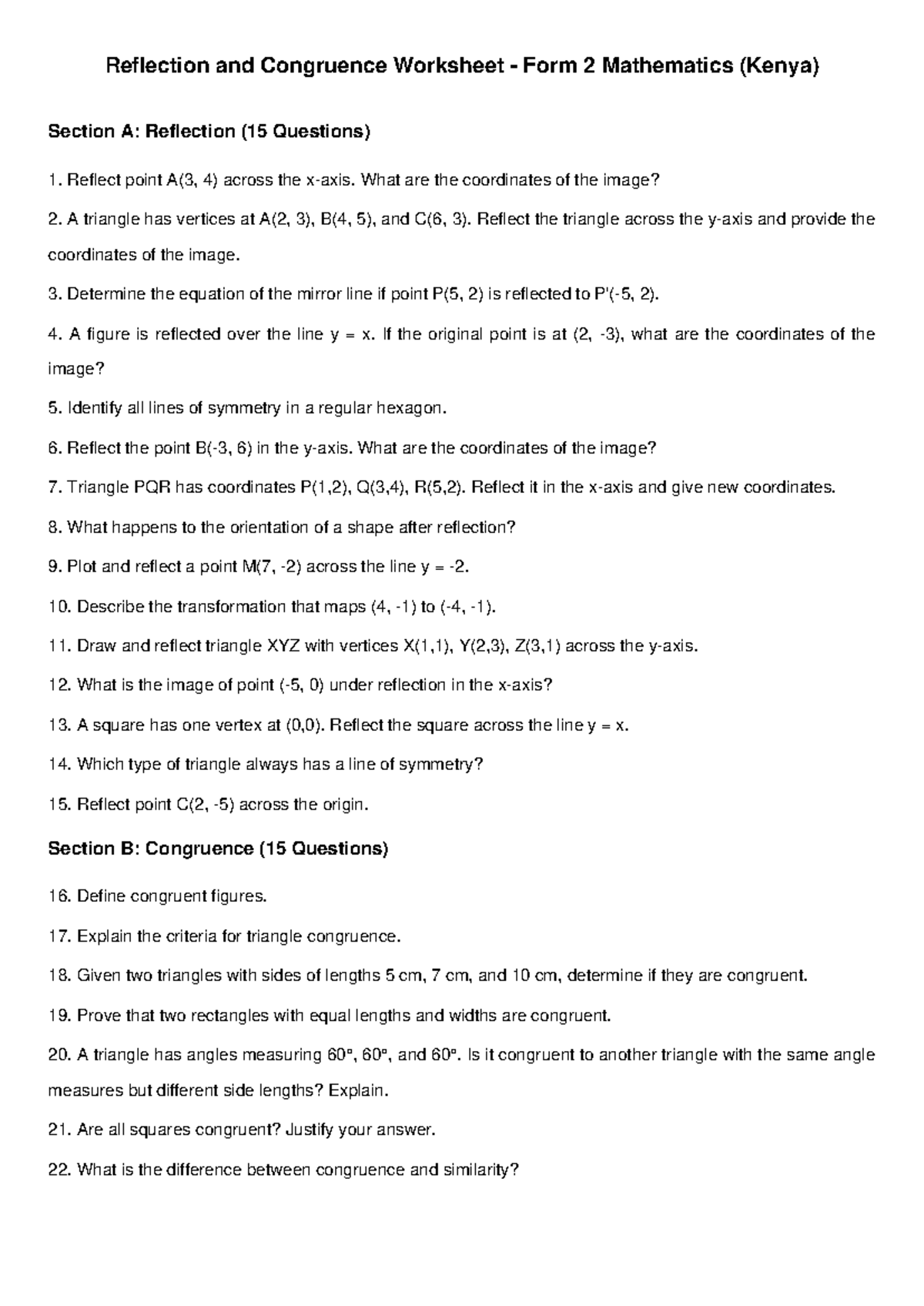 Reflection and Congruence Worksheet Form 2: Math Exercises - Studocu