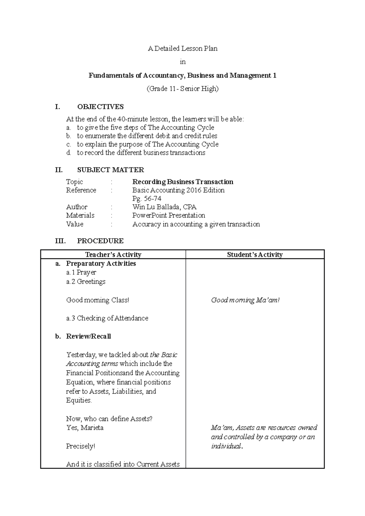 Fundamentals of Accountancy Lesson Plan (Grade 11 - FBM1) - Studocu