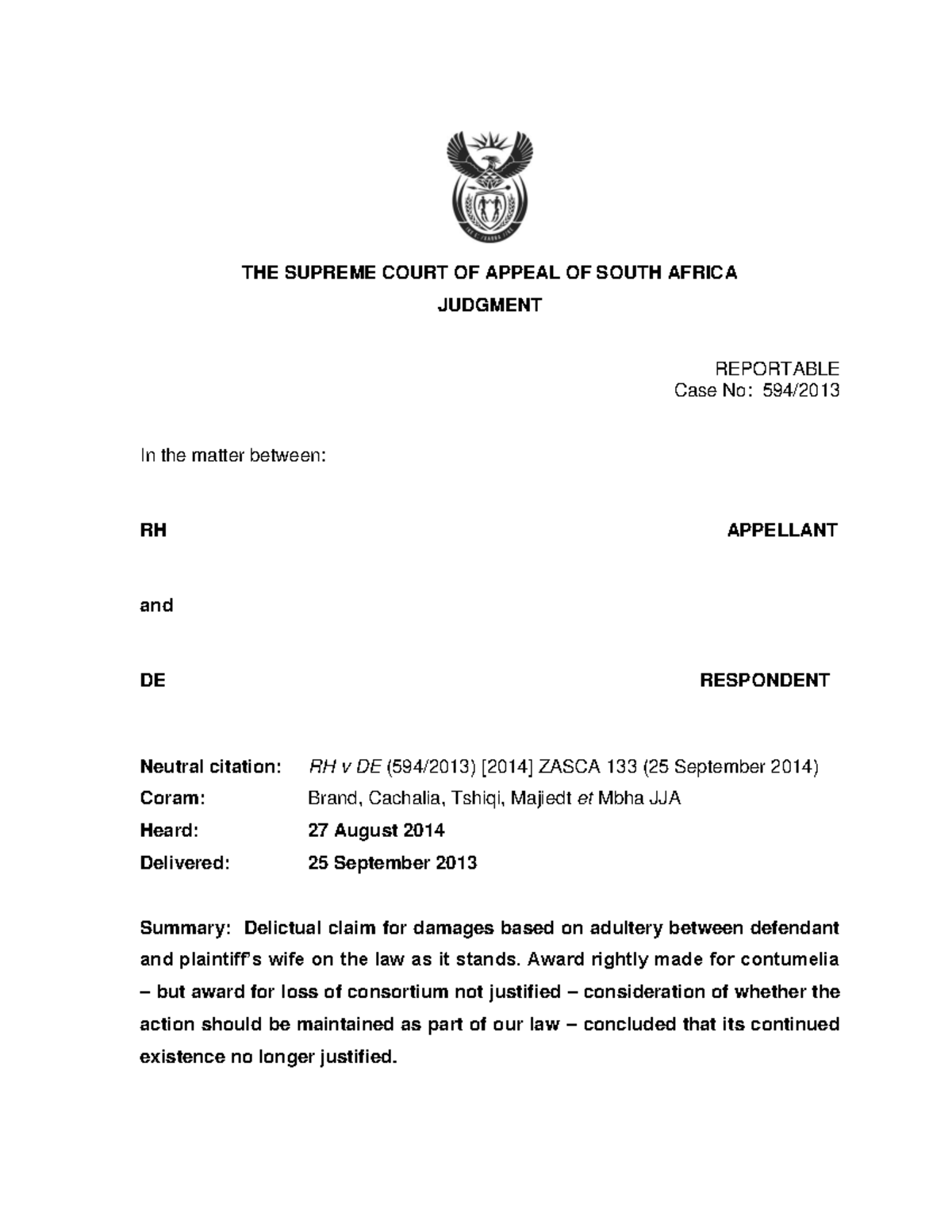 Delictual Claims for Adultery: Evaluating Legal Precedents in S Africa ...