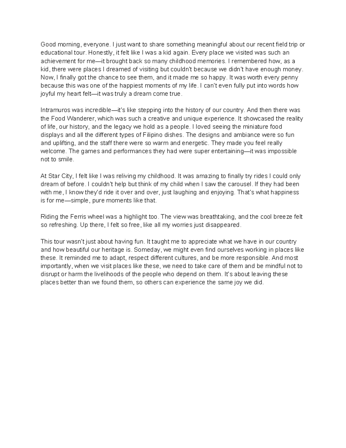 Narrative Essay on Educational Tour Experience and Reflections - Studocu