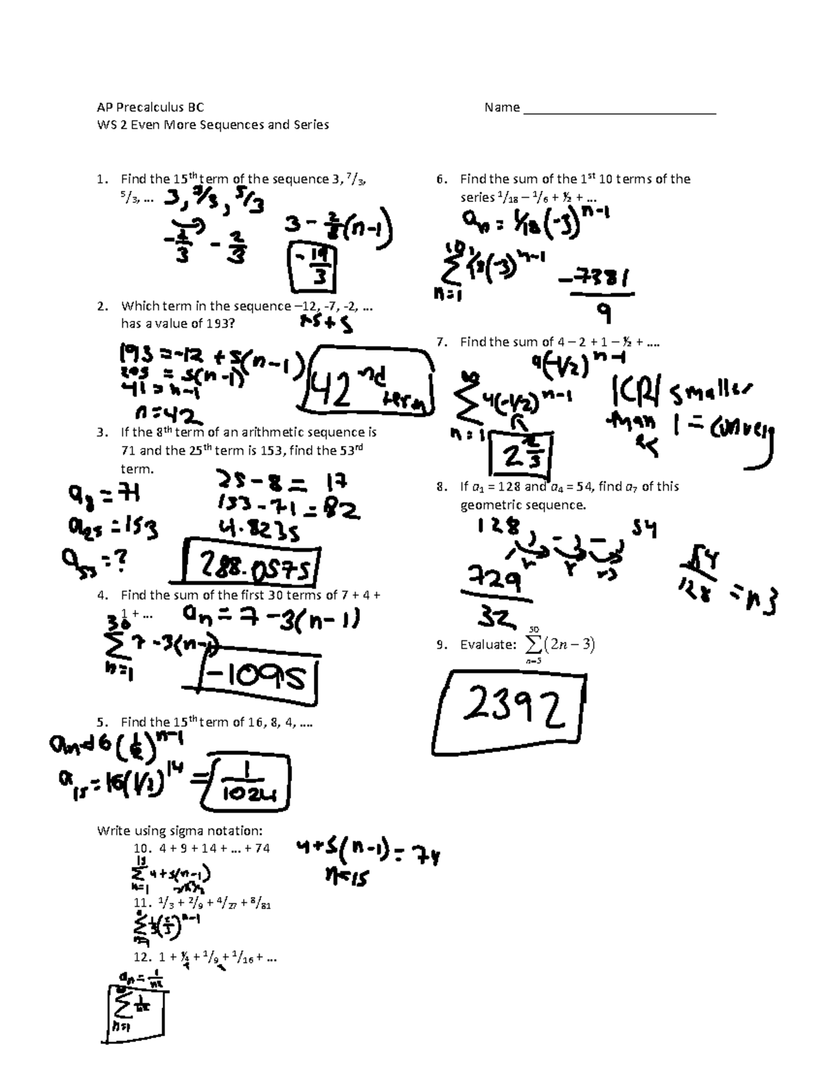 AP Precalculus BC WS 2 Even More on Sequences & Series - Studocu