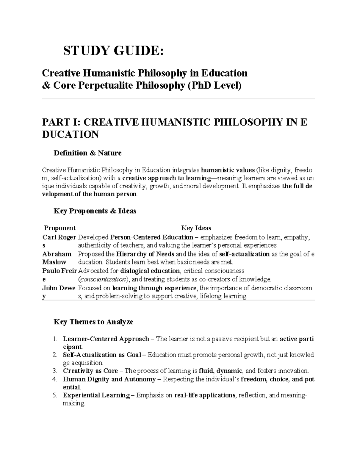STUDY GUIDE: Creative Humanistic Philosophy in Education (PhD Level ...