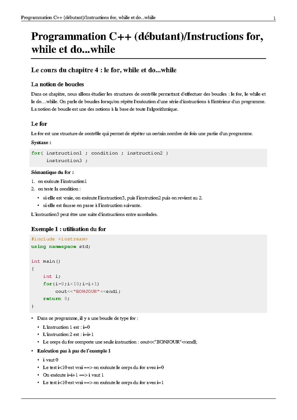 Chapitre 4 : Boucles for, while et do...while - Programmation - Studocu