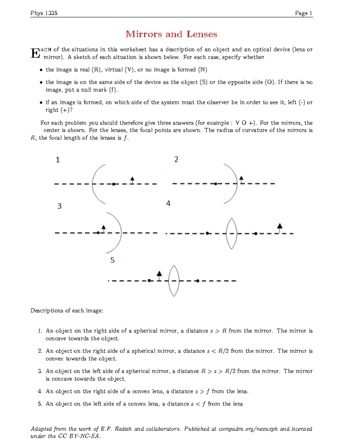 Phys 1335 Short Worksheet on Lenses and Mirrors - Studocu