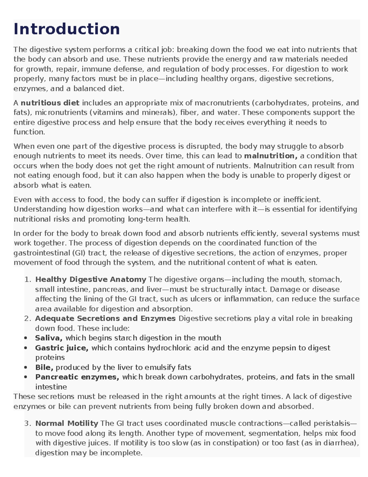 Lesson 4: Requirements for Proper Digestion & Malnutrition Effects ...