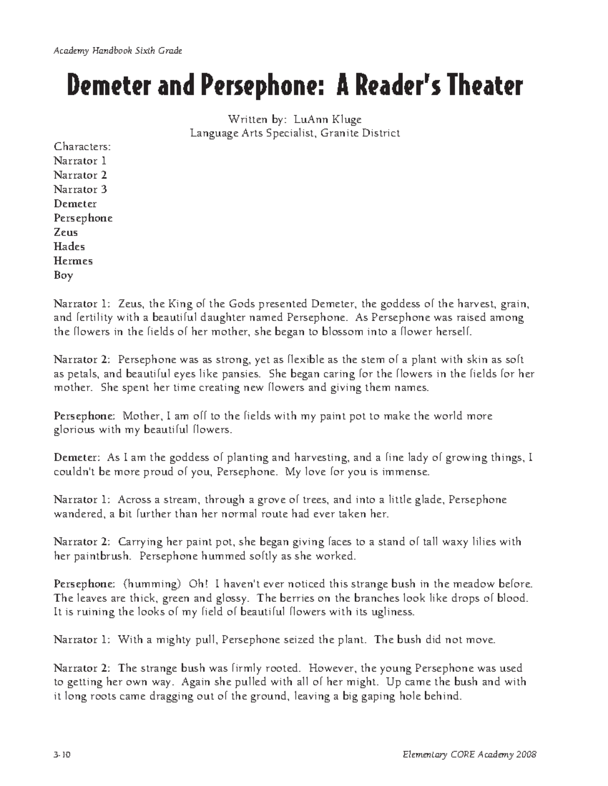 Demeter and Persephone: A Readers Theatre Script (LA 6th Grade) - Studocu