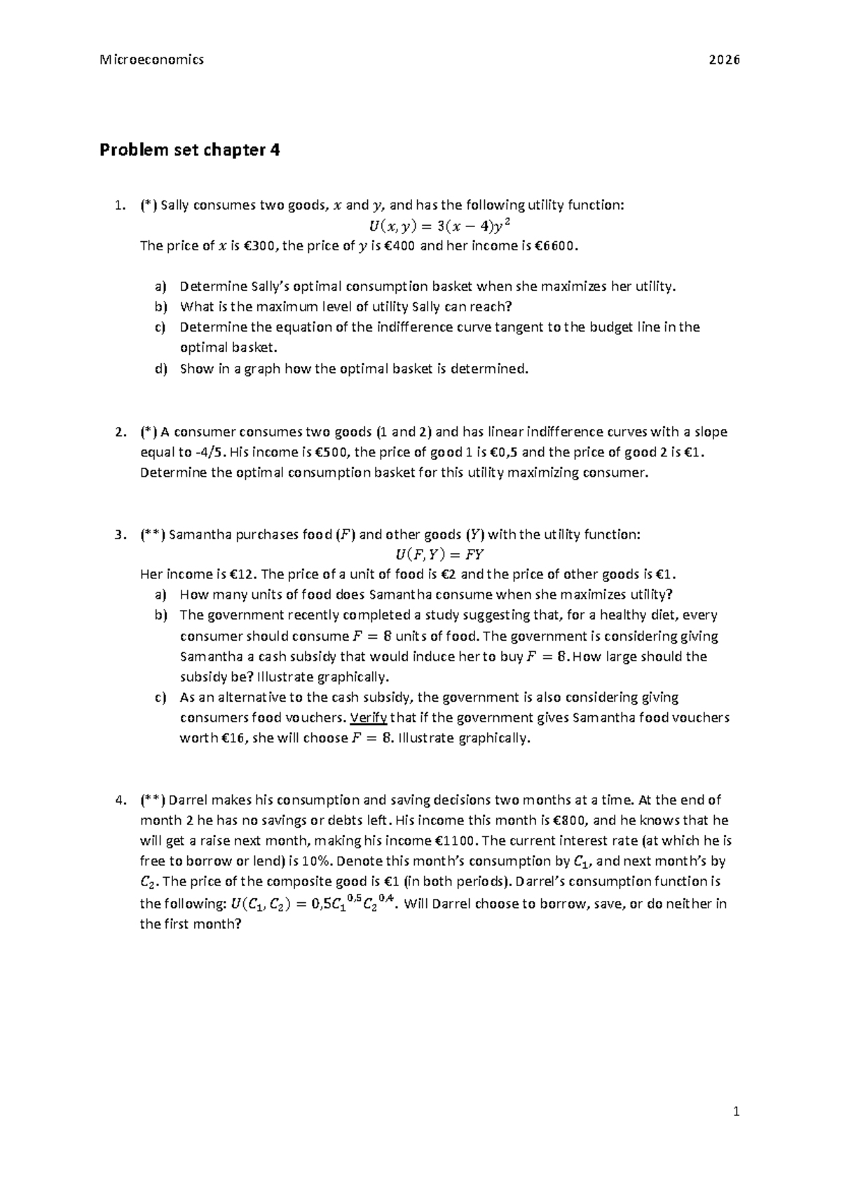 Microeconomics 2026 Problem Set: Utility Maximization & Consumption ...