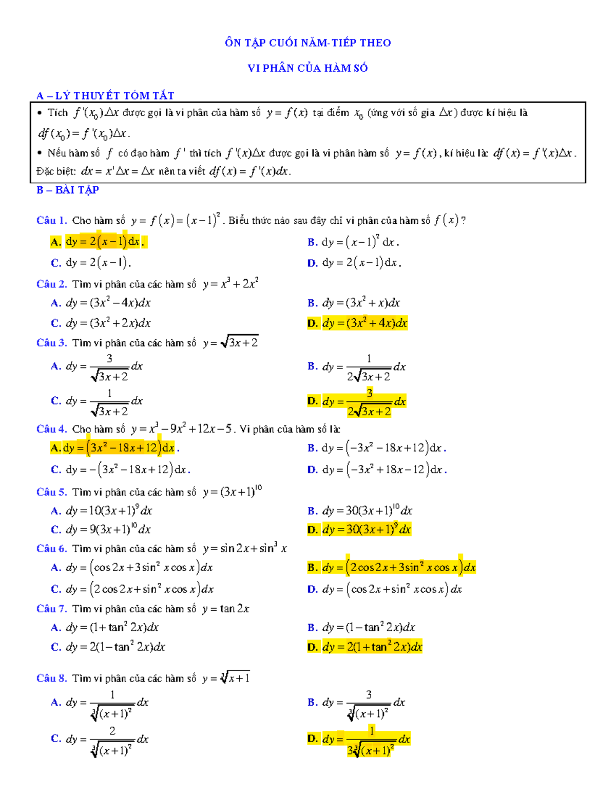 ĐÀO HÀM CẤP CAO - VI PHÂN ÔN TẬP CUỐI NĂM - MATH - Studocu
