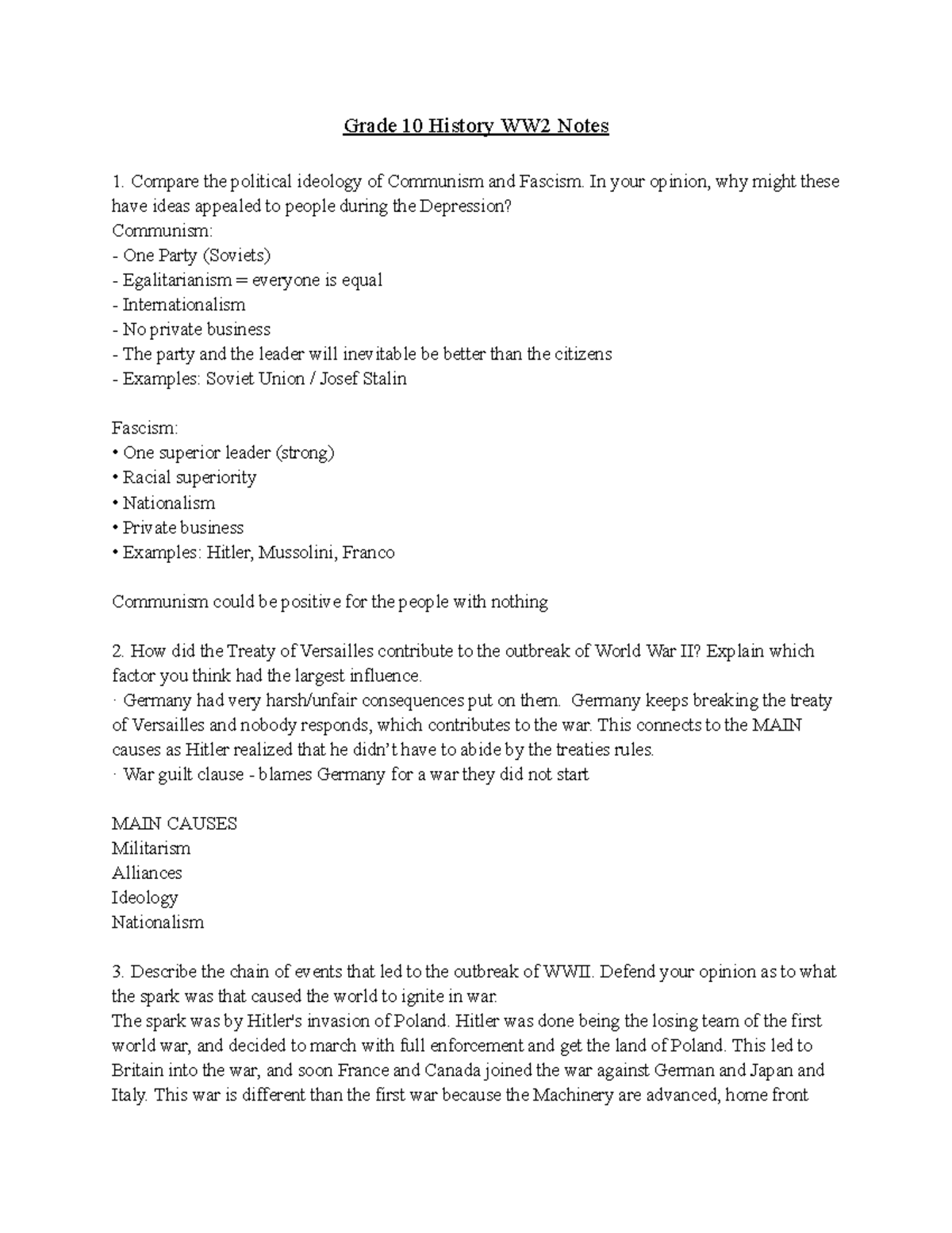 Grade 10 History: World War II Comprehensive Notes - Studocu