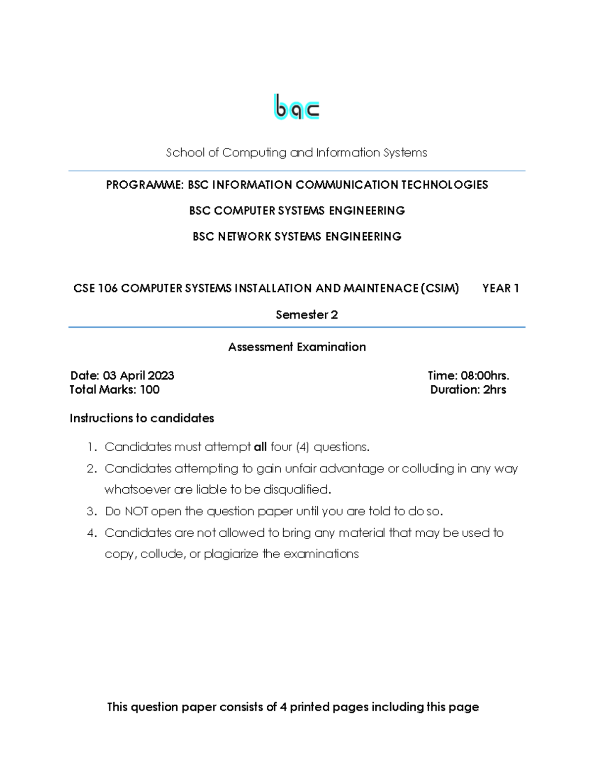 CSIM 106 Final Assessment Questions - April 2023 - Studocu