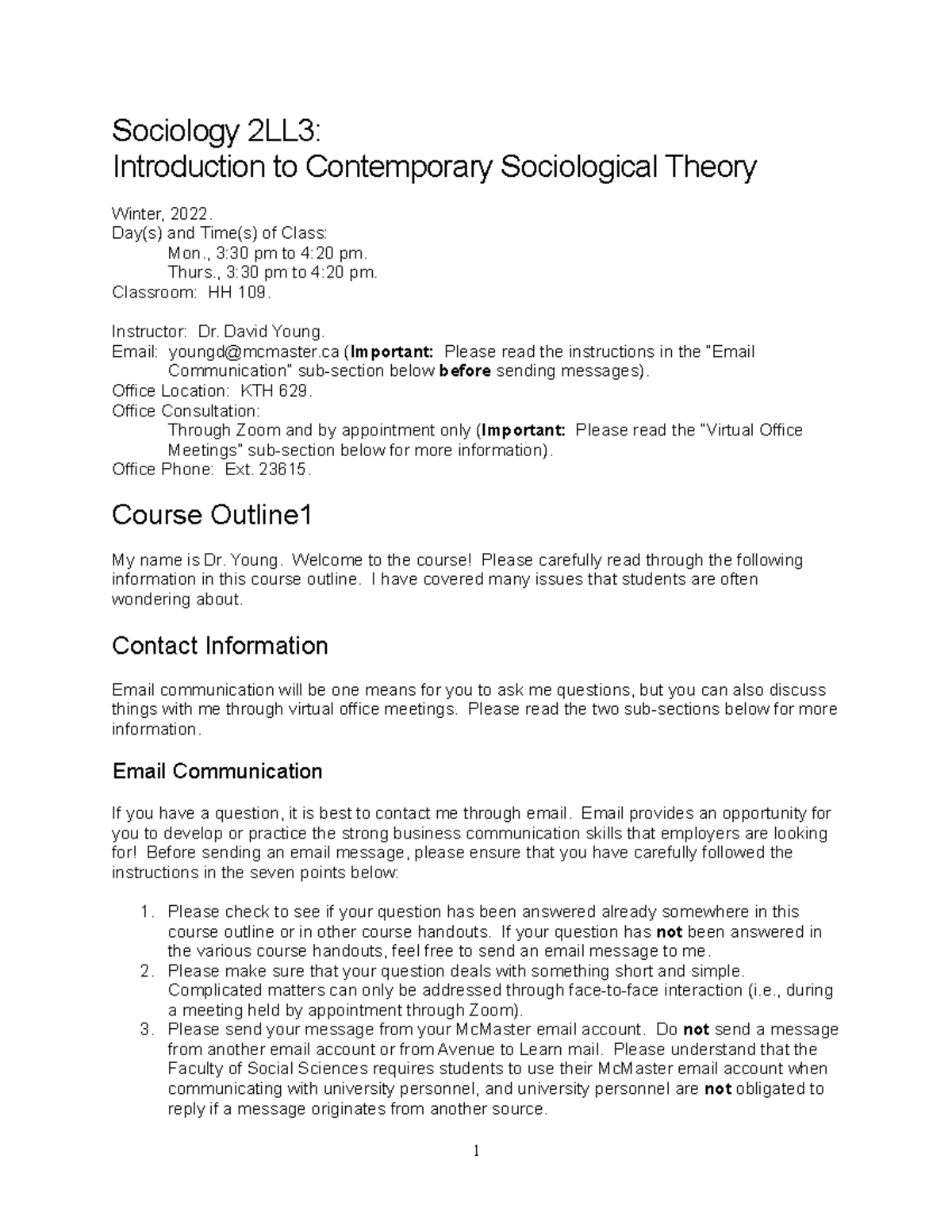 SOCIOL 2LL3: Winter 2022 Contemporary Sociological Theory Overview ...