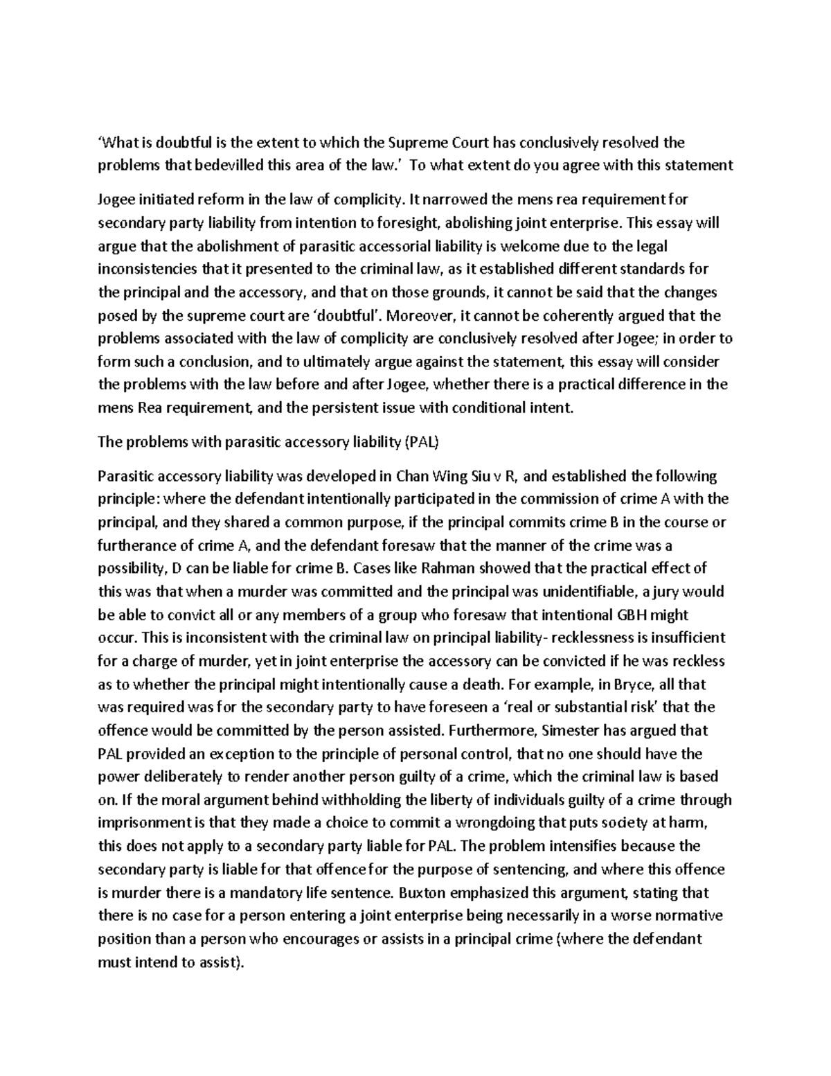 LAW123: Analyzing Complicity and the Impact of Jogee Reform - Studocu