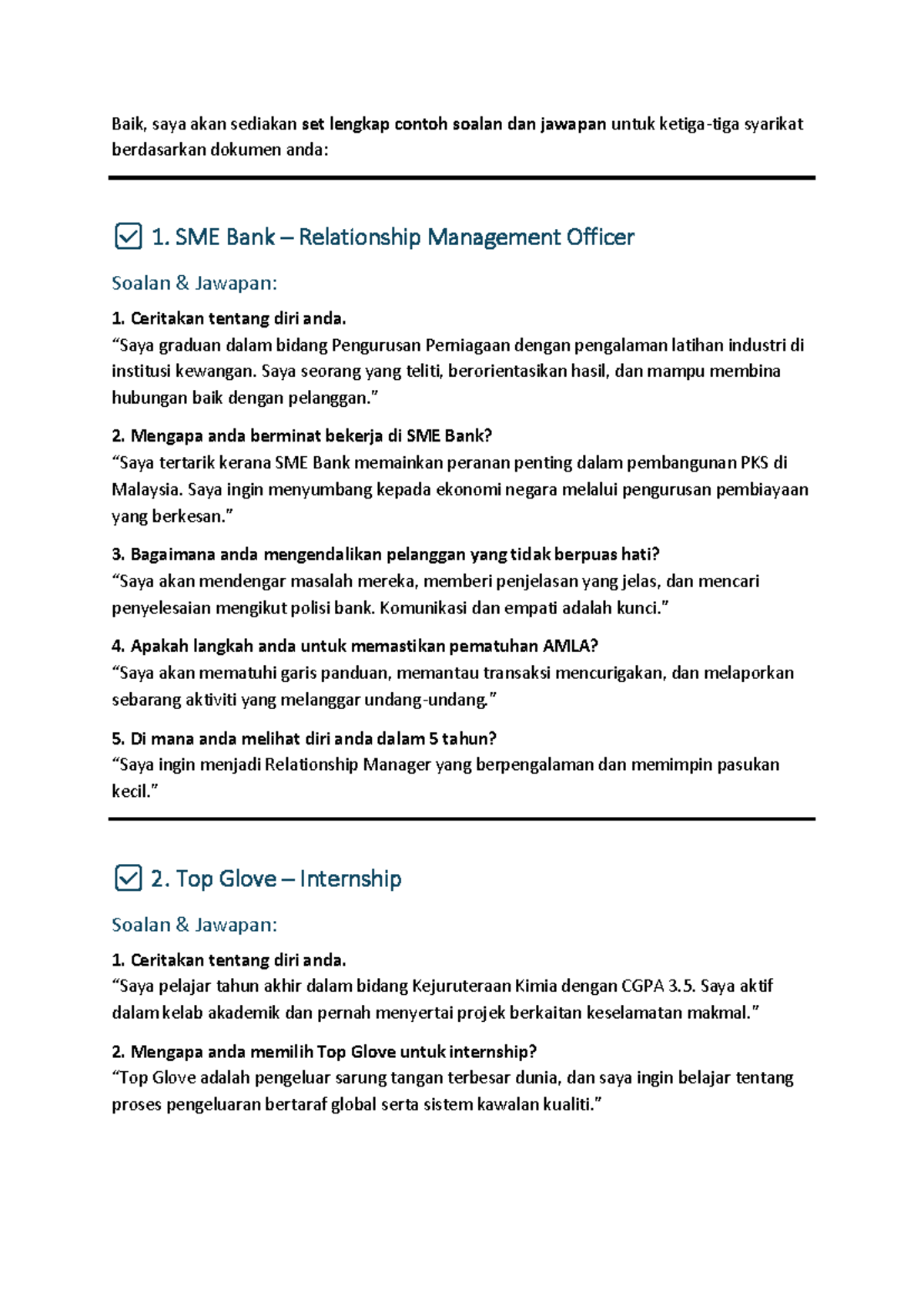 Contoh Soalan Interview untuk SME Bank dan Top Glove Internship - Studocu