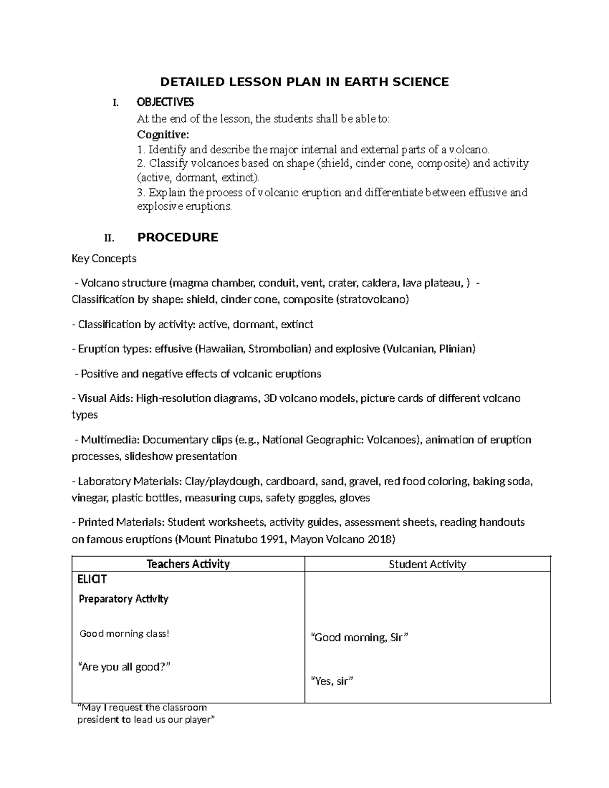 DLP: Detailed Lesson Plan on Volcanoes in Earth Science I - Studocu