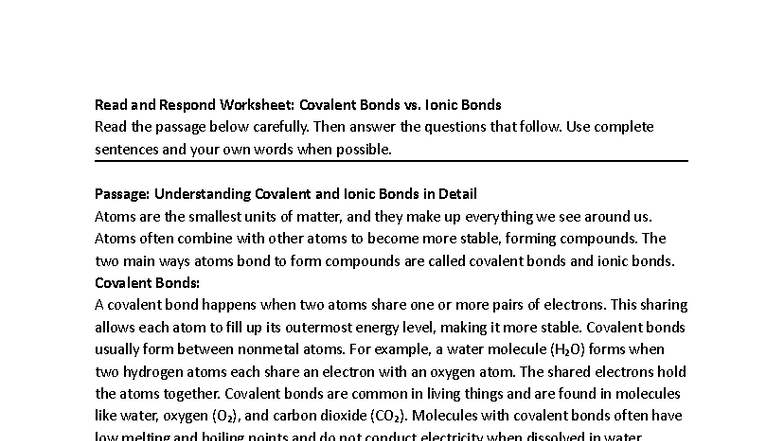 Covalent vs Ionic Bonds: Read & Respond Worksheet - Studocu