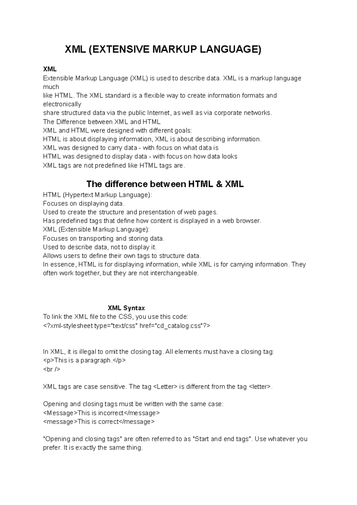 XML (EXTENSIVE MARKUP LANGUAGE) Overview and Key Differences with HTML - Studocu