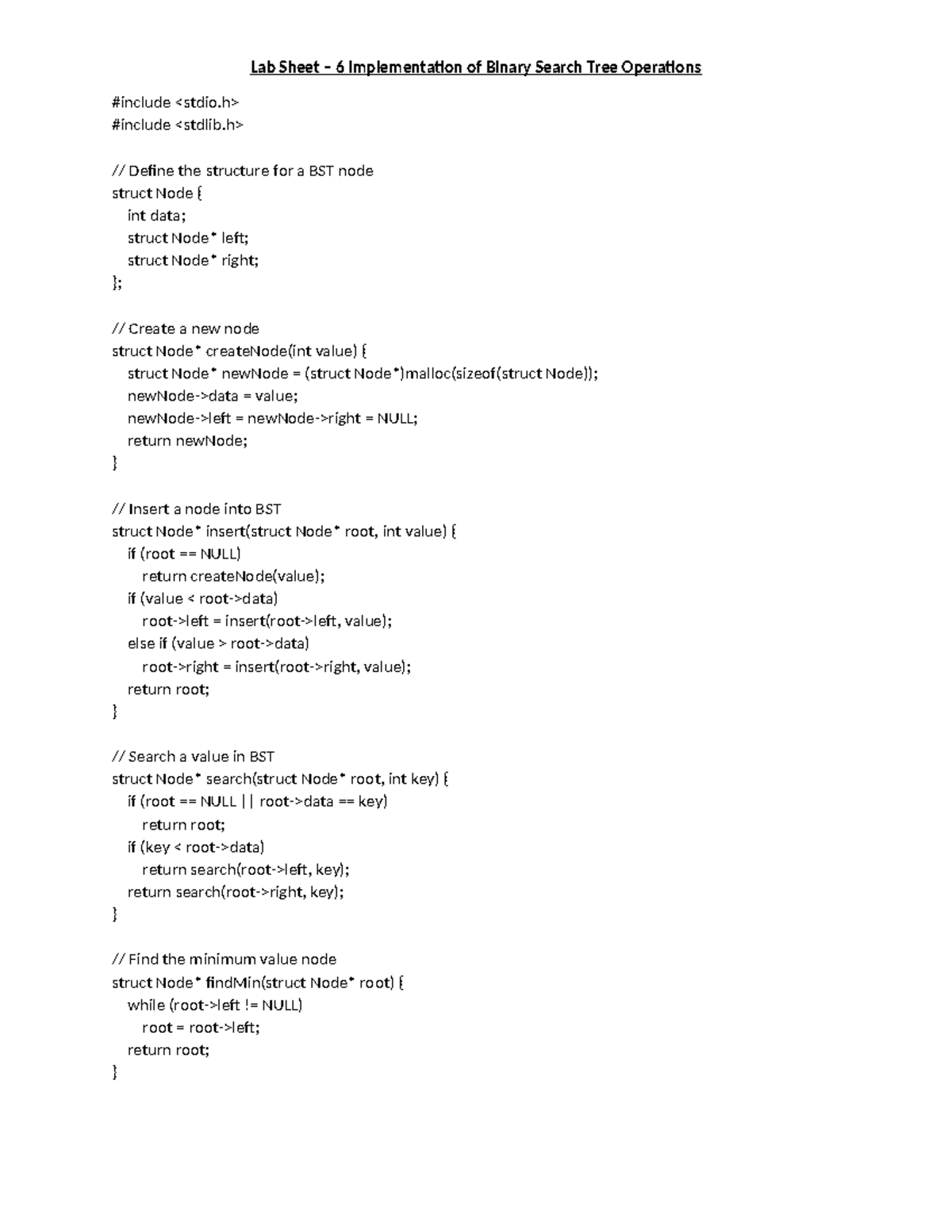 Lab Sheet 6 - Implementation of Binary Search Tree Operations - Studocu
