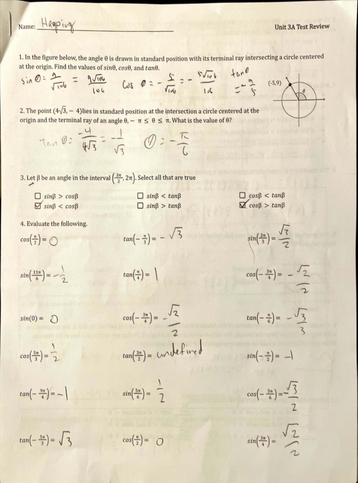 AP Precalculus Unit 3A Test Review Packet: Trigonometric Functions ...