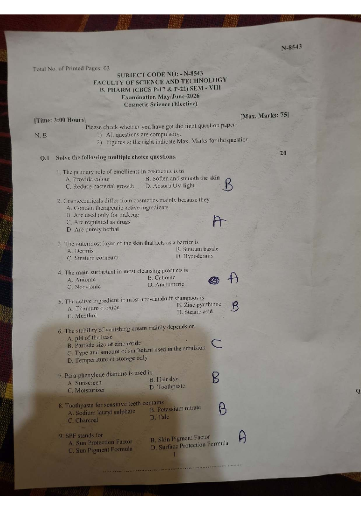 Cosmetic Science (Elective) B. Pharm Exam Paper - April/May 2026 - Studocu
