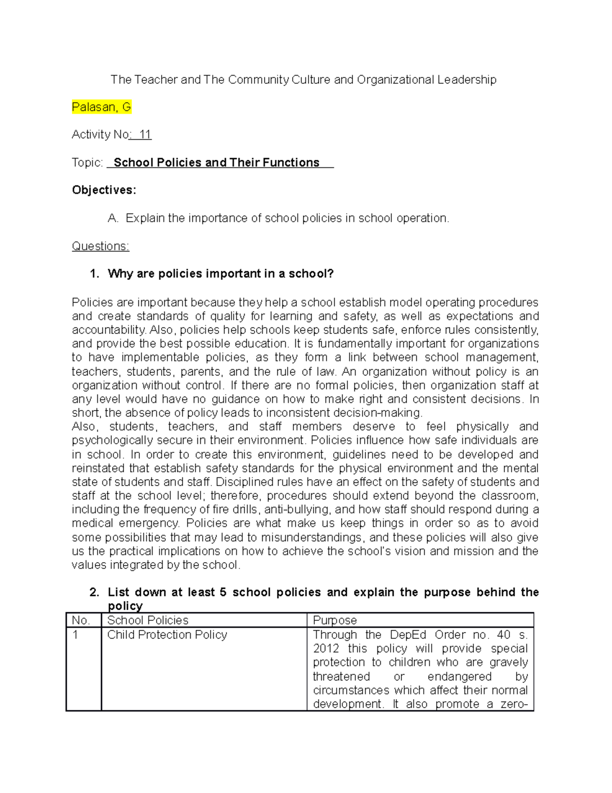 Worksheet - 11 Understanding School Policies and Their Purpose - Studocu