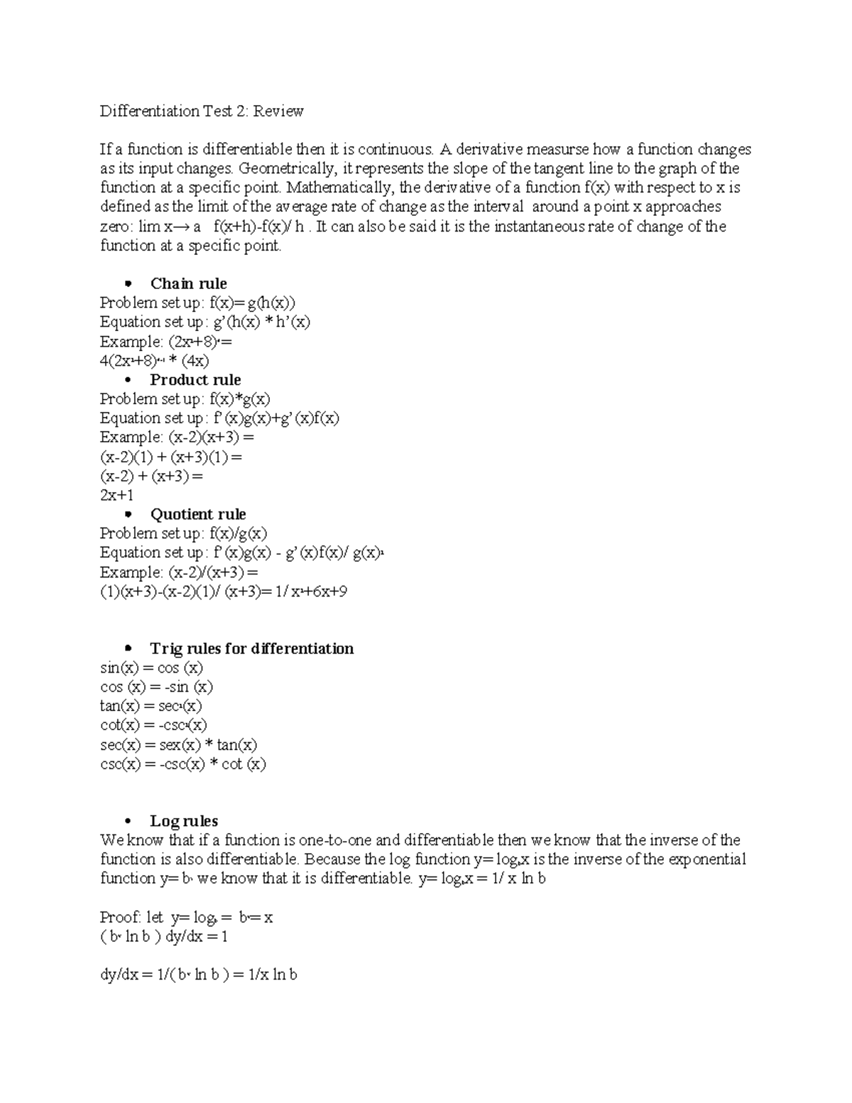 Math 241 Test 2 Review: Differentiation Concepts & Techniques - Studocu