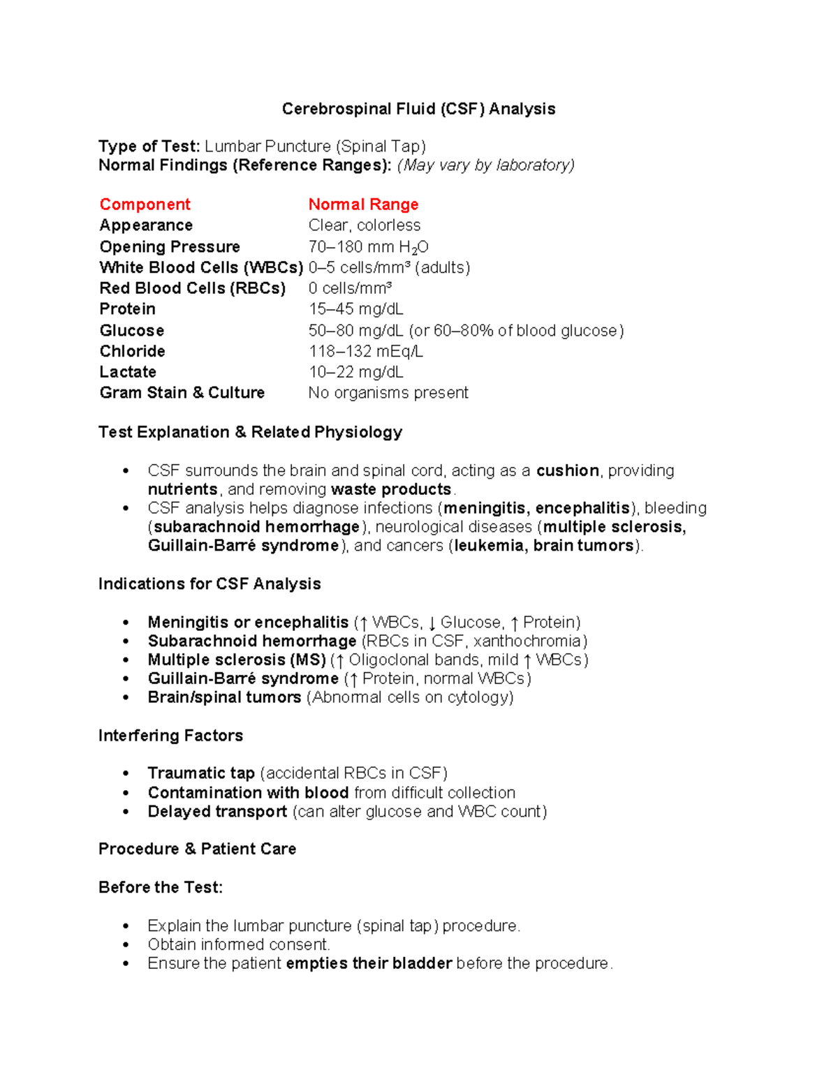 CSF Analysis: Lumbar Puncture Test Findings and Procedures (CF) - Studocu
