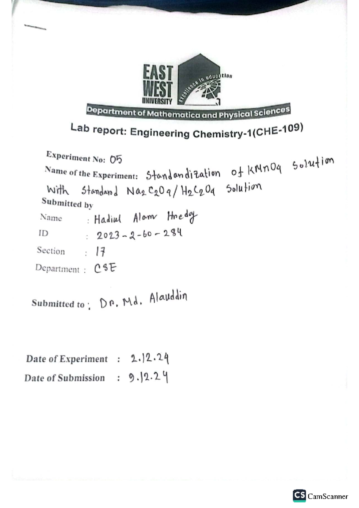 Experiment 05: Standardization of KMnO4 Solution - CHE 109 Lab Report ...
