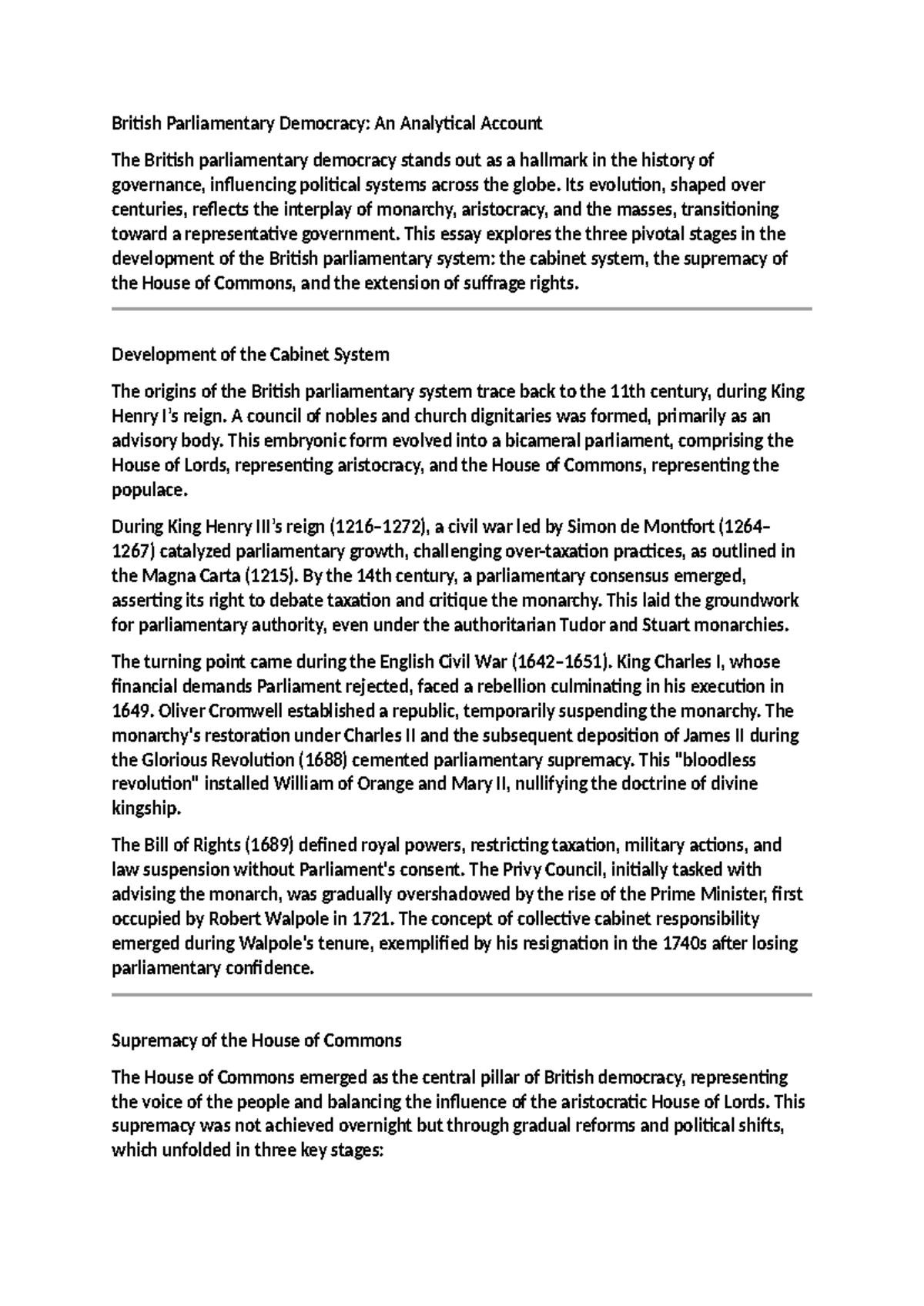 British Parliamentary Evolution: A Comprehensive Analysis Essay - Studocu