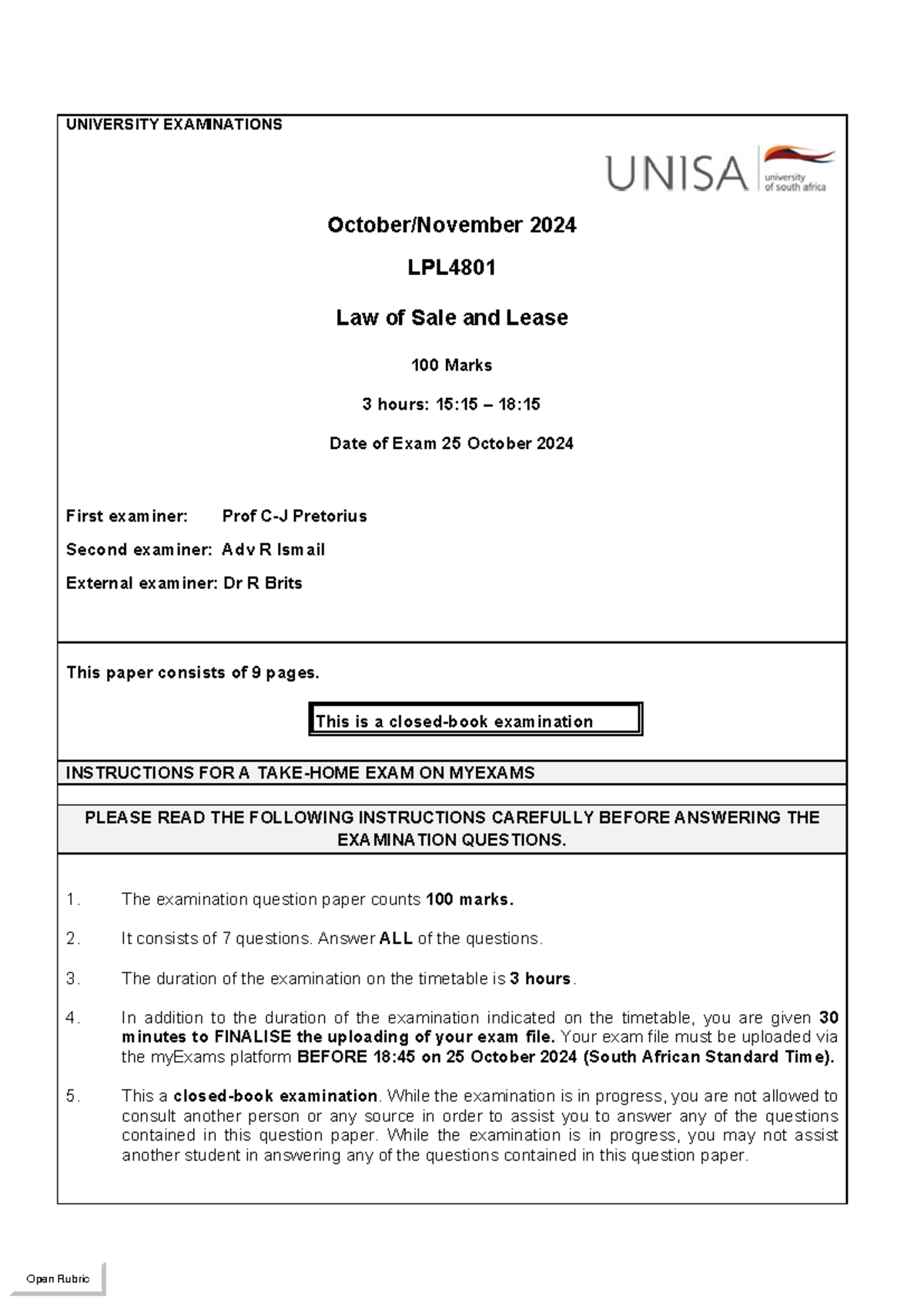 LPL4801 October/November 2024 Final Exam Paper: Law of Sale and Lease ...
