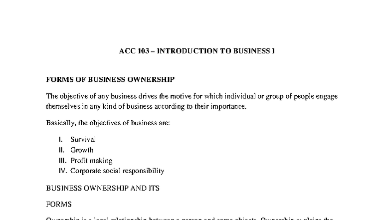 ACC 103 INTRODUCTION TO BUSINESS I: FORMS OF BUSINESS OWNERSHIP - Studocu